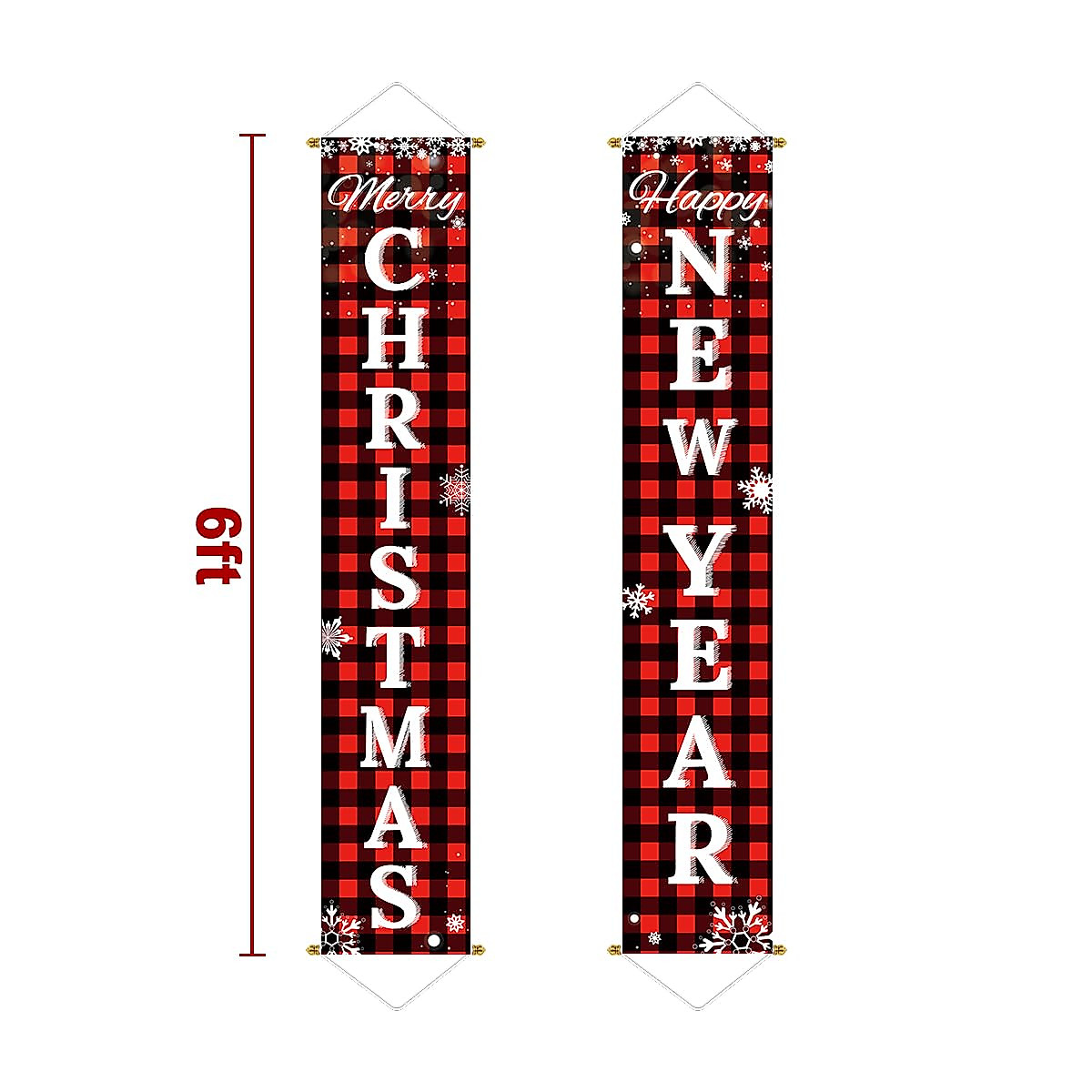 Ivenf Merry Christmas & Happy New Year Decorations, Red Black Buffalo Plaid Banner, 2 Pcs Front Porch Sign Set, Indoor Outdoor Yard Wall Home Decor