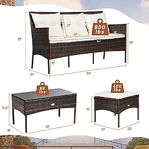 RELAX4LIFE 3 Pieces Patio Furniture Sectional Set, Rattan Wicker Conversation W/ 5 Cozy Seat & Back Cushions, Tempered Glass Coffee Table for Poolside, Balcony Outdoor Furniture (Beige+Brown)