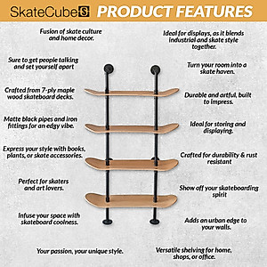 Industrial Shelves - 4 Tier Industrial Decor Pipe Bookcase Using 7 Ply Skateboard Decks - Natural Wood Stain Finish - Perfect Bathroom Wall Decor, Book Shelf for Skateboard Enthusiasts