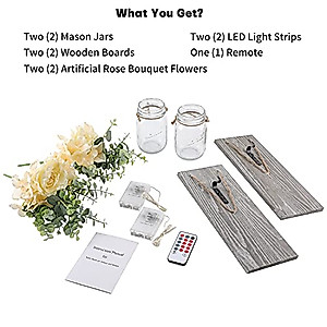 Mason Jar Sconces Home Design Wall Decor Remote Control Farmhouse Shabby Chic Living Room Kitchen Bedroom Bathroom Decoration with 6-Hour Timer LED Lights Flowers Silk Hydrangea Set of 2 Grey