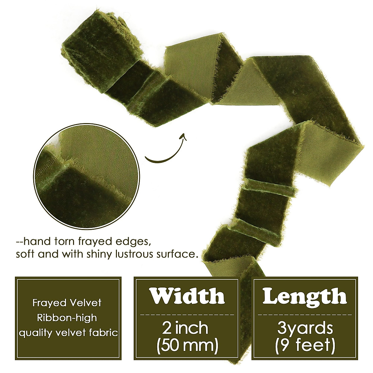 HUIHUANG Olive Green Velvet Ribbon 2 inch Handmade Fringe Frayed Silk Velvet Ribbon for Flower Bouquet, Gift Wrapping, Invitations, Holiday Christmas Decor, Wedding Bridal Shower Decor-3 Yards