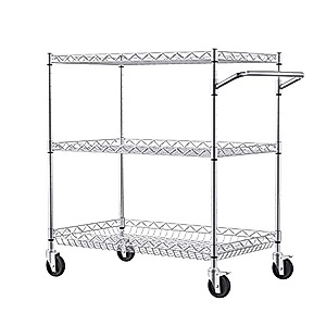 VEVOR Kitchen Utility Cart, 3 Tiers, Wire Rolling Cart with 661 LBS Capacity, Steel Service Cart on Wheels, Metal Storage Trolley with 80 mm Deep Basket Curved Handle 6 Hooks, NSF Listed