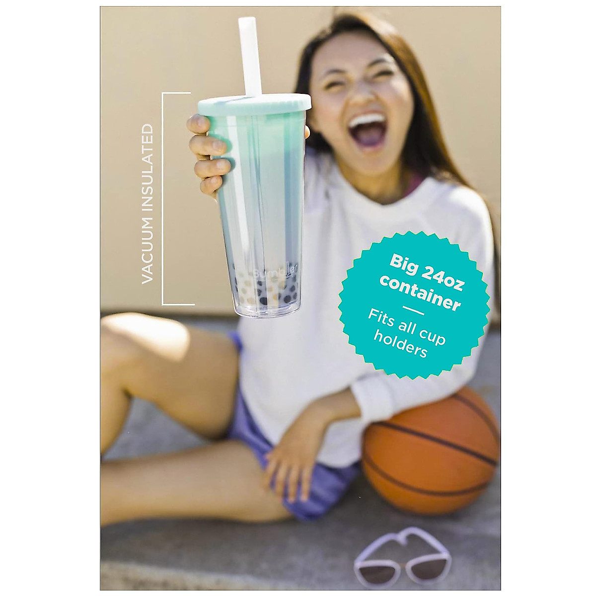 Bumbler 24oz Large Reusable Portable Eco-Friendly Tumbler | Drinking Cup with Wide Soft Tip Straw, Aesthetic Leak-Proof Lid – for Boba Tea, Smoothies, Iced Coffee, Hot or Cold Drinks – White