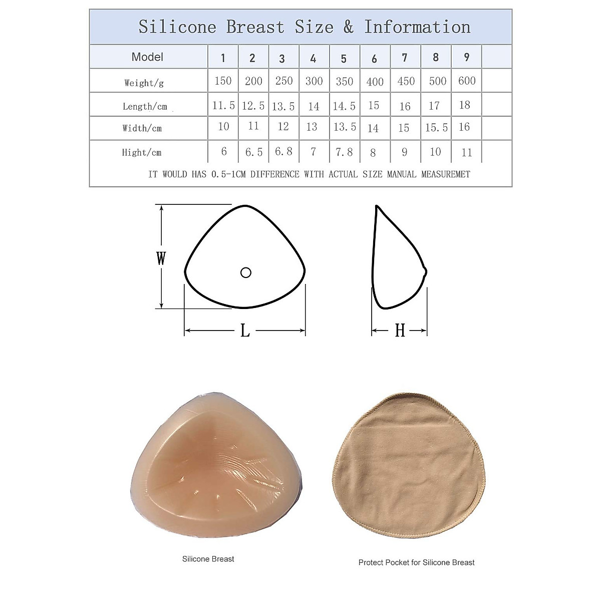Silicone Breast Form Woman Mastectomy Prosthesis Bra Enhancer Inserts 1 Pair (1000g/Pair (D Cup)) Beige