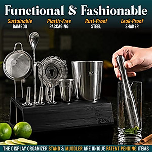 Pro Mixology Bartender Set Bar Kit | 14-Piece Boston Cocktail Shaker Set | Professional Barware Mixing Tools for Home Bartending | Bamboo Stand Recipe Cards | Gift Set for Him & Her (Silver Black)