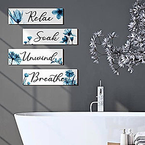Maitys 4 Pieces Bathroom Wall Art Decor Relax Soak Unwind Breathe Elegant Tulip Rustic Farmhouse Bathroom Wood Hanging Sign Bathroom Wooden Wall Plaque for Home (Blue)