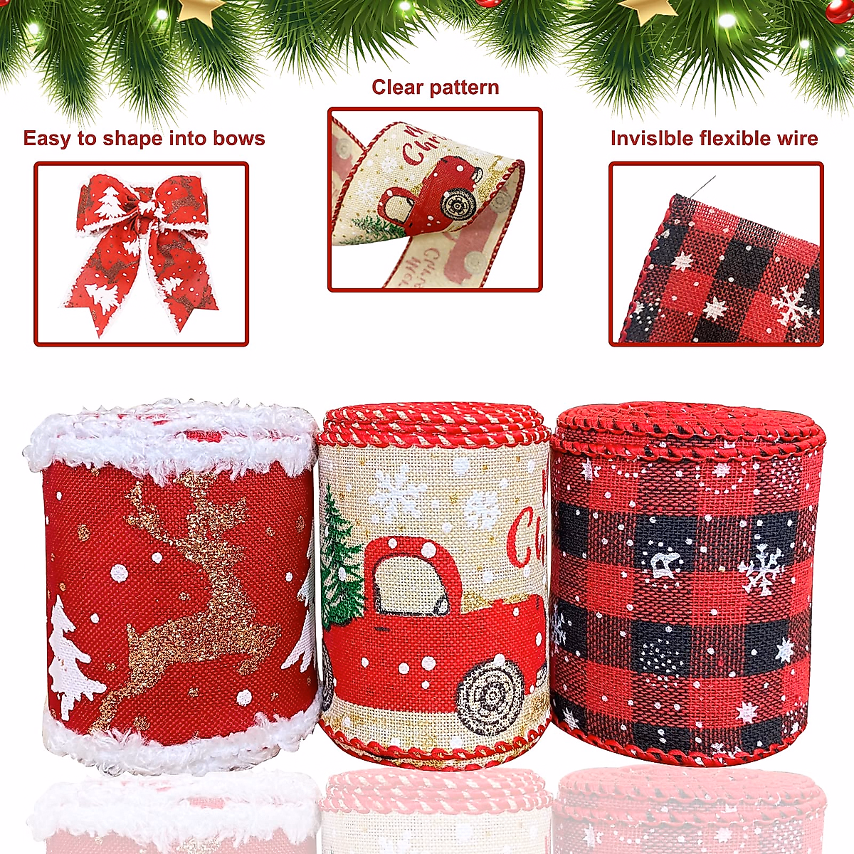 6 Rolls/30 Yards Christmas Ribbon Wired Burlap Ribbon Multi-Color Plaid Ribbon for Christmas Thanksgiving DIY Wrapping Wedding Floral Bows Crafts