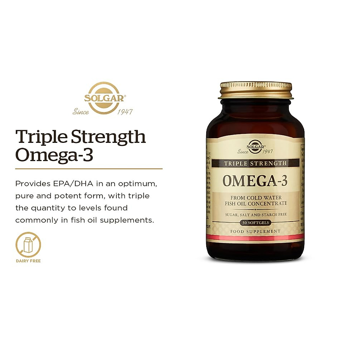 SOLGAR Triple Strength Omega 3 950 mg - 50 Softgels - Supports Joint & Skin Health - Non-GMO, Gluten Free, Dairy Free - 50 Servings
