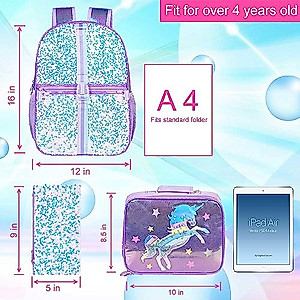 KLFVB 3PCS Unicorn Backpack, 16" Sequin Kids Girls Bookbag and Lunch Box, Preschool Backpacks for Elementary Students