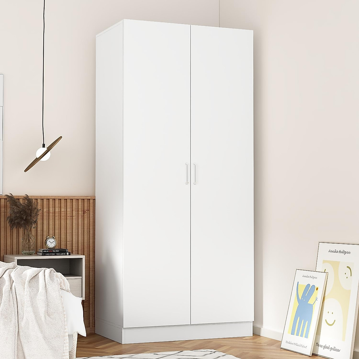 ECACAD Wardrobe Armoire with 5 Shelves, Hanging Rod & 2 Doors, Wooden Closet Storage Cabinet for Bedroom, White (31.5”W x 19.1”D x 70.9”H)