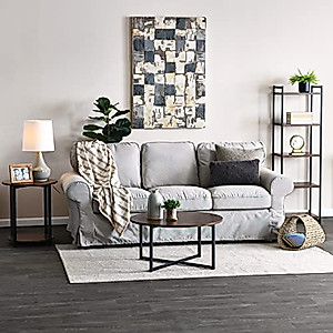 Household Essentials Jamestown Round Coffee Table Mid Century Walnut Wood Grain and Black Metal