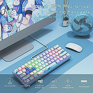 Womier WK61 60% Keyboard, Hot-Swappable Keyboard Ultra-Compact RGB Gaming Mechanical Keyboard w/Pudding Keycaps, Linear Red Switch, Pro Driver/Software Supported - Glacier Blue