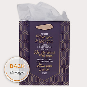Christian Art Gifts Decorative Portrait Gift Bag with Tissue Paper Set for Women: The Lord Bless You and Keep You - Numbers 6:24 Inspirational Bible Verse, Purple, Medium