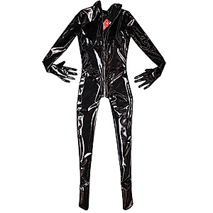 leesuo Women's Sexy Wetlook PVC Catsuit Shiny Zipper Crotch Bodysuit Jumpsuit with Gloves Clubwear
