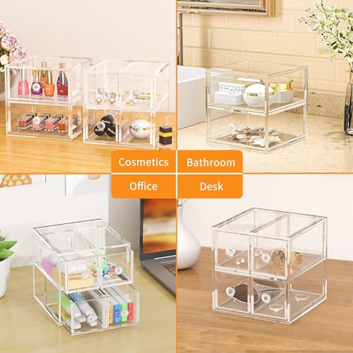 AITEE Acrylic Clear Makeup Organizer with 4 Drawers Stackable Cosmetics Storage Display Case for Vanity,Bathroom Counter, Dresser,Desktop,Countertop Holder for Lipstick, Eyeshadow, Nail Polish