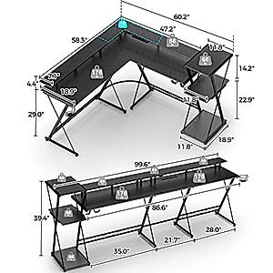 SEVEN WARRIOR L Shaped Gaming Desk with LED Lights & Power Outlets, 58” Reversible Computer Desk with Storage Shelf & Monitor Stand, Corner Desk with Cup Holder, with Headphone Hook, Black