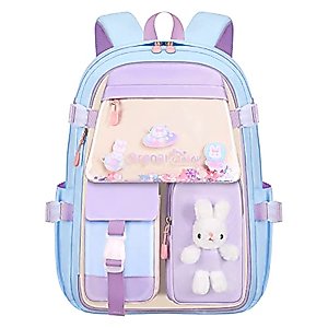 Moonmo Kids Backpack Kawaii Girls Backpacks Elementary Bookbags with Compartments Middle School Bags Women Casual Daypacks (Blue Rabbit, Large)