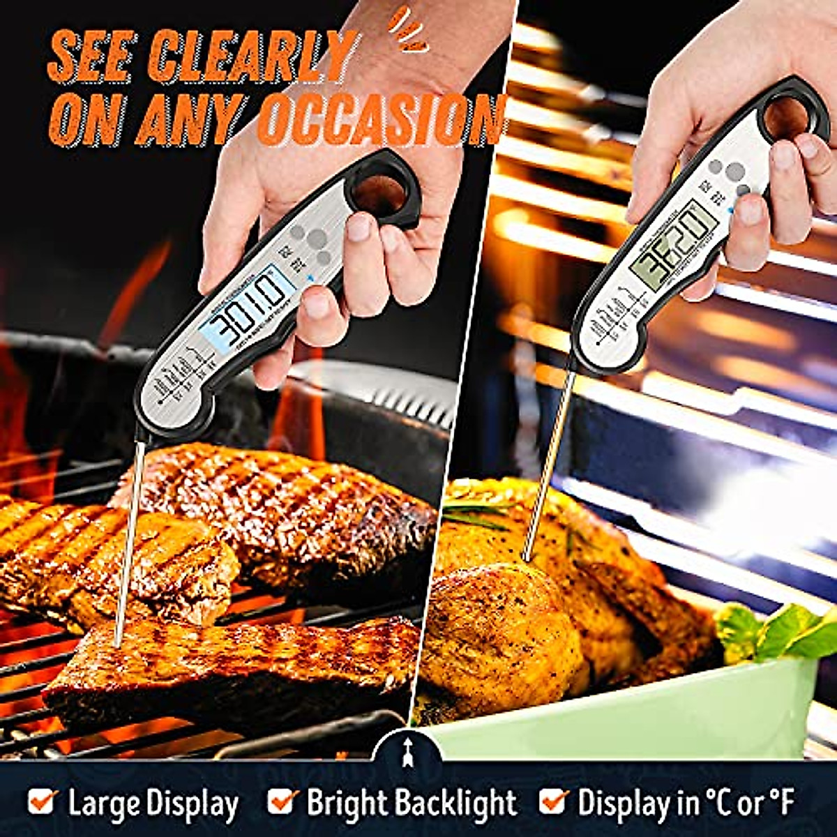 Digital Meat Thermometer, Waterproof Instant Read Food Thermometer for Cooking and Grilling, Kitchen Gadgets, Accessories with Backlight & Calibration for Candy, BBQ Grill, Liquids, Beef, Turkey