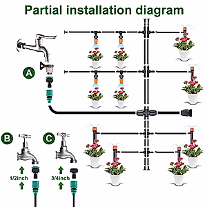 AUMIO Drip Irrigation Kit 115FT Garden Irrigation System 1/4" 1/2” Blank Distribution Tubing Watering System Adjustable Nozzle Automatic Irrigation Equipment for Greenhouse, Flower Bed, Patio, Lawn