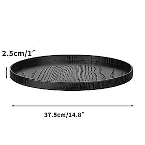 Round Solid Wood Serving Tray Large Tea Coffee Table Tray Snack Food Serving Platter Non-Slip Plate Kitchen Party Bar Server Breakfast Tray Ottoman Tray with Raised Edges (14.8inch/37.5cm) Black