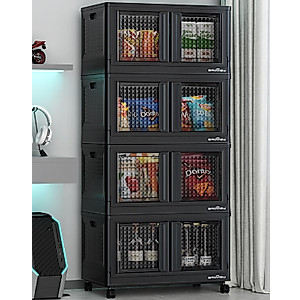 BROVIEW 320Qt Stackable Storage Bins with Lids, 80Gal Plastic Collapsible Storage Bins with Doors and Wheels, Closet Organizers and Storage, Black Folding Storage Cabinet for Home Garage, 4 Pack Cube