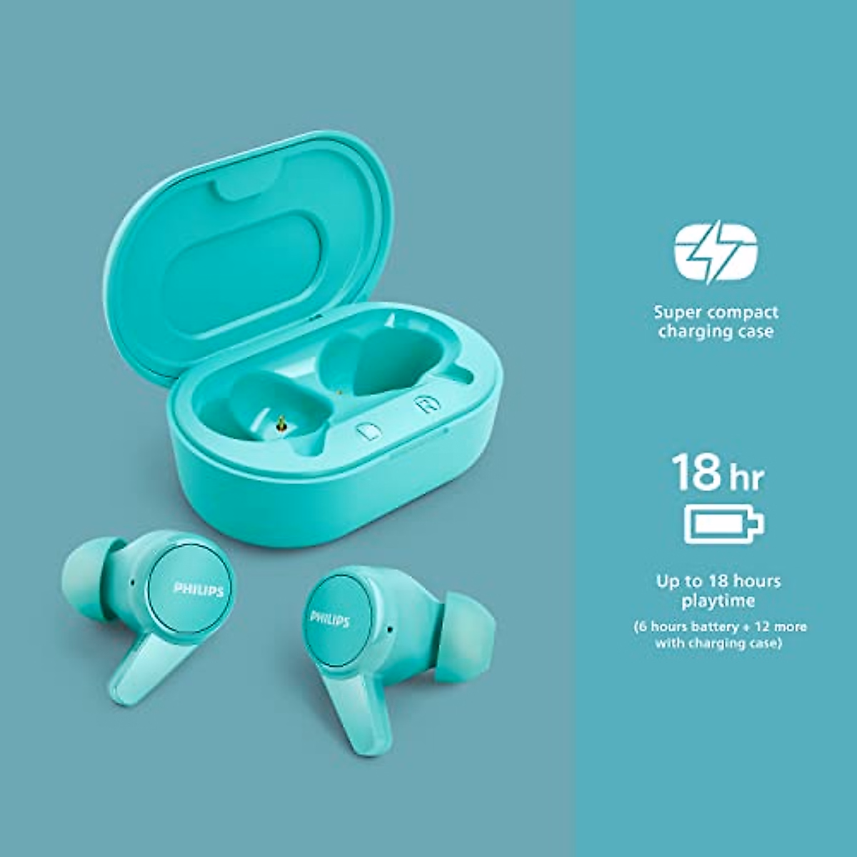Philips T1207 True Wireless Headphones with Up to 18 Hours Playtime and IPX4 Water Resistance, Teal