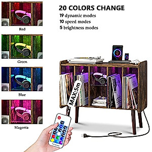 Tantmis LED Record Player Stand, Turntable Stand with Vinyl Record Storage, Mid Century Modern Record Player Table, Rustic Brown Record Player Cabinet with Power Outlet for Living Room, Bedroom