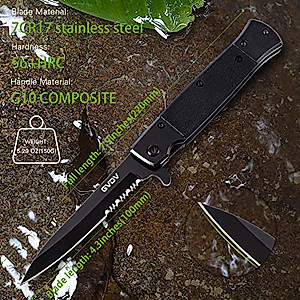 GVDV Folding Pocket Knife with G10 Handle, 7CR17 Stainless Steel EDC Knife with Safety Liner Lock, Hunting Camping Hiking Fishing Knife, Father's Day Gifts for Men Dad, Serrated