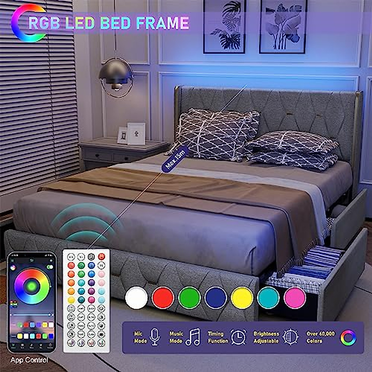 Queen LED Bed Frame with 4 Storage Drawers, Upholstered Platform Bed Frame with wingback Adjustable Headboard, Gold Button Decoration, Solid Wooden Slats Support, No Box Spring Needed, Light Grey