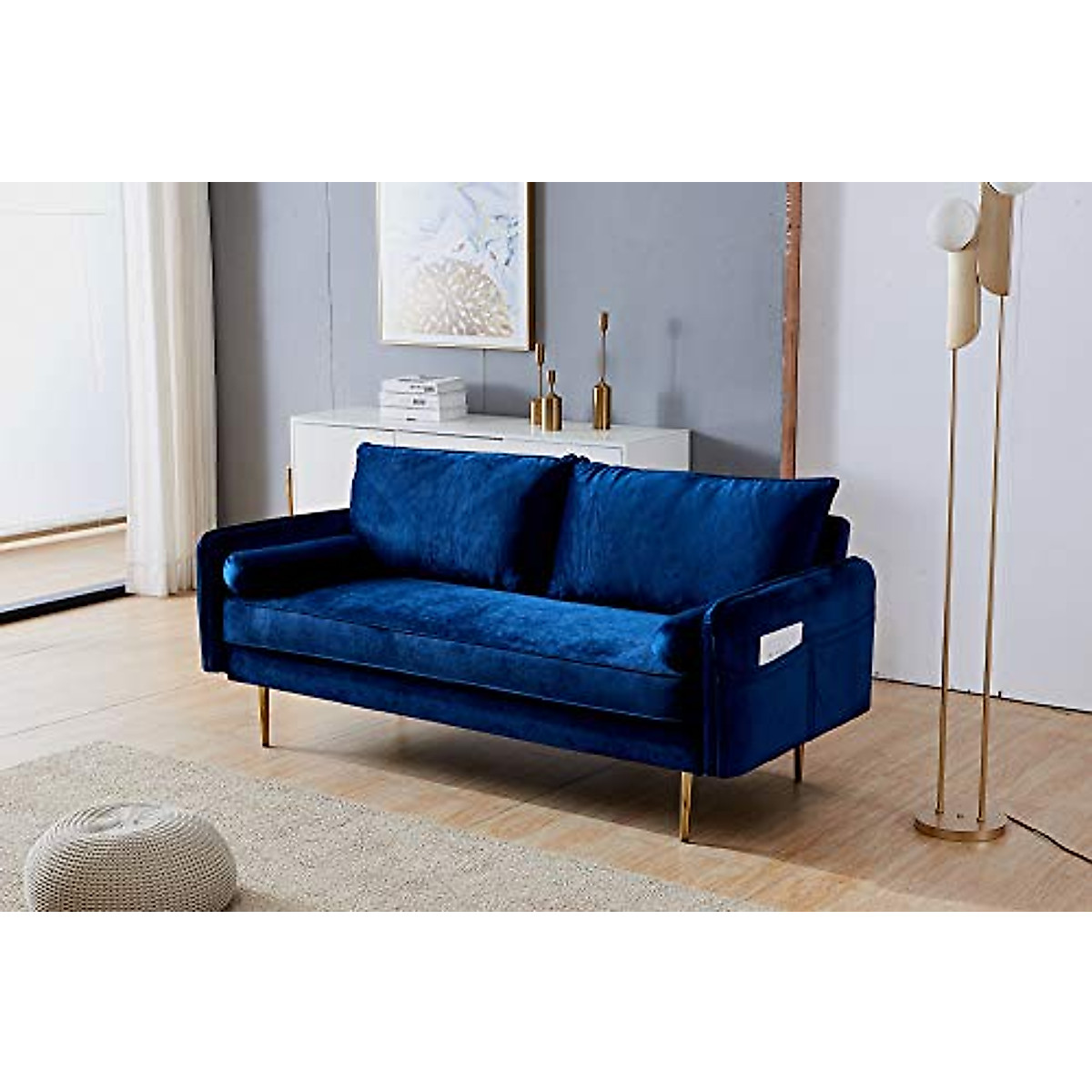 JULYFOX Blue Velvet Fabric Sofa Couch, 71 inch Wide Mid Century Modern Living Room Couch with Side Storage Fashion Golden Legs for Small Spaces