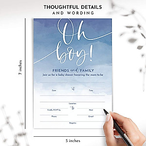 Baby Shower Invitations Set for Boys - 25 Blank Fill-in Invites with Envelopes, Books for Baby, Diaper Raffle, and Thank You Cards - Blue Watercolor