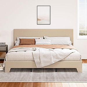SHA CERLIN Upholstered King Size Bed Frame with Adjustable Headboard, Stable Mattress Foundation, Strong Back-Support, No Box Spring Needed, Beige