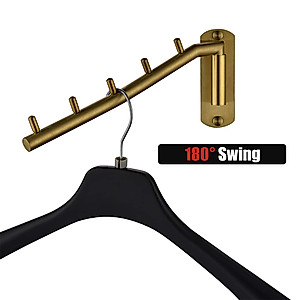 JQK Folding Clothes Hanger Rack, Stainless Steel Swing Arm Hook Holder, Clothing Hanging System Drying Closet Storage Organizer Brushed Gold Wall Mount 2 Pack, SHR100-BG-P2