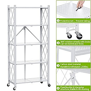 Mochubang Foldable Storage Shelves Unit, 5-Tier Folding Shelf Steel Shelving Rack Organizer Cart with Rolling Wheels for Mobile in Kitchen, Warehouse, Closet, Patio, Pantry Organization (White)