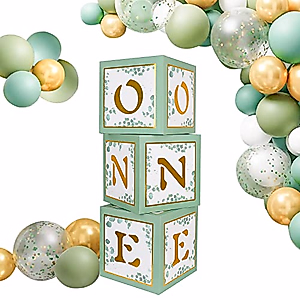 Keencopper One Boxes for 1st Birthday, 3pcs Sage Green Baby Blocks First Birthday Decorations for Boys or Girls with Gold ONE Letters as Photoshoot Props Cake Smash Backdrop