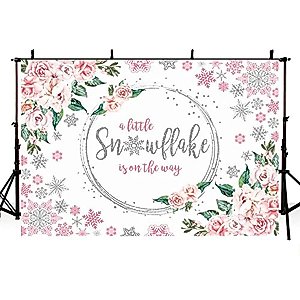 AIBIIN 7x5ft Winter Baby Shower Backdrop for Girl A Little Snowflake is On The Way Baby Shower Decorations Pink Silver Snowflakes Photography Background Banner Photo Props