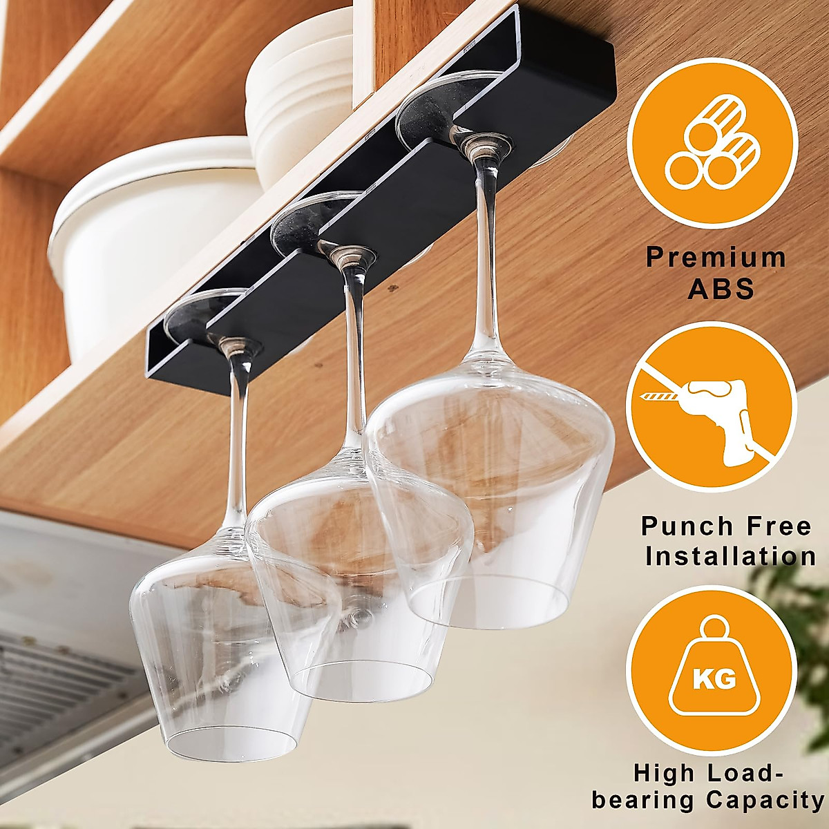 AQJUNONG Wine Glass Holder ， 2 Pack Wine Glass Rack, No Drilling Wine Glass Holder Under Cabinet, Hanging Stemware Rack Organizer Hanger for Bar and Kitchen Cabinet（Classic Black）