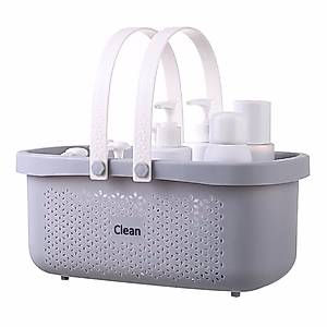 HAPPY MOTTE Plastic Portable Shower Caddy Basket, Bathroom Shower Caddy Tote With Handle For Collage Dorm Camp Travel -Grey
