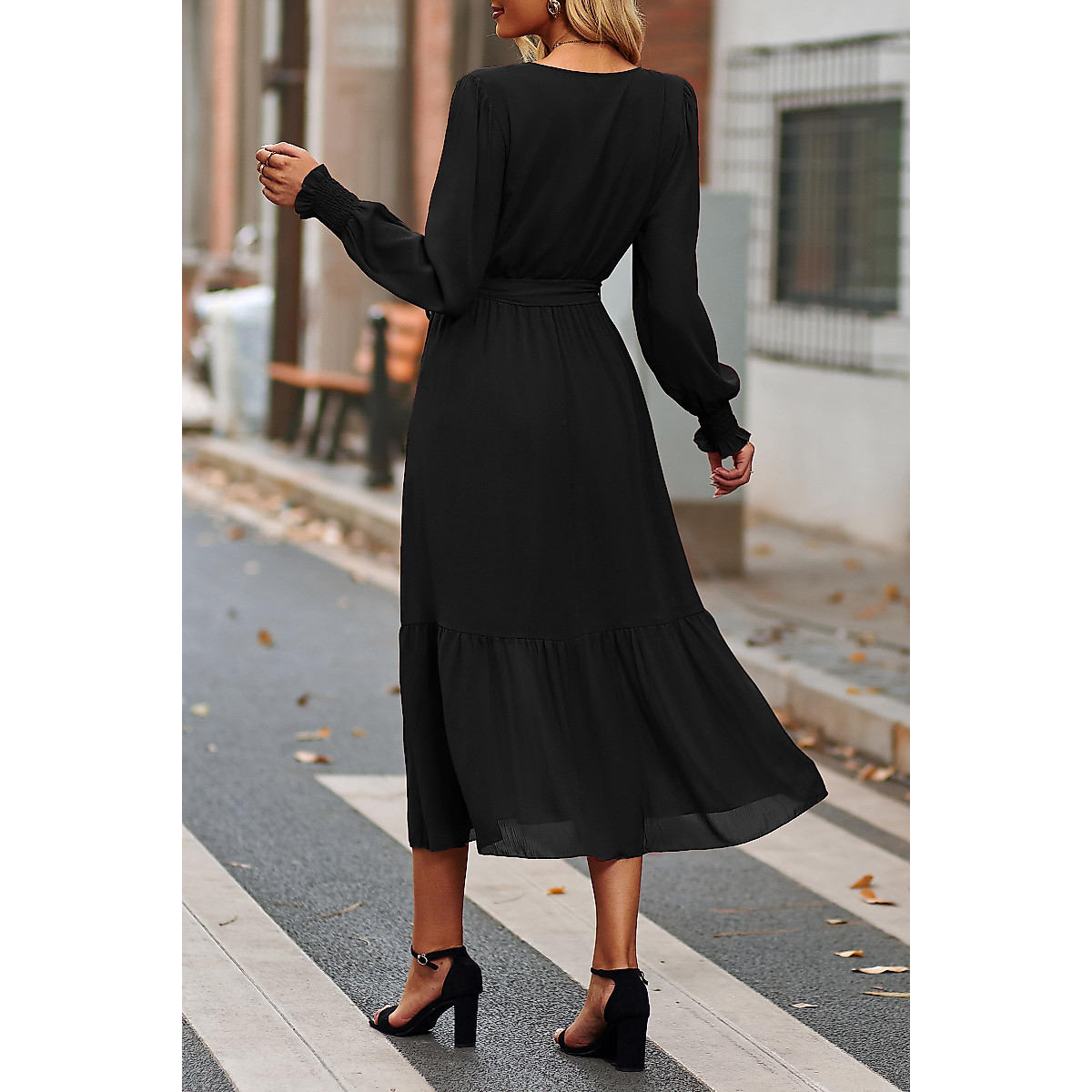 PRETTYGARDEN Women's Floral Print Boho Dress Long Sleeve Wrap V Neck Ruffle Belted A-Line Flowy Maxi Dresses (Solid Black,Large)