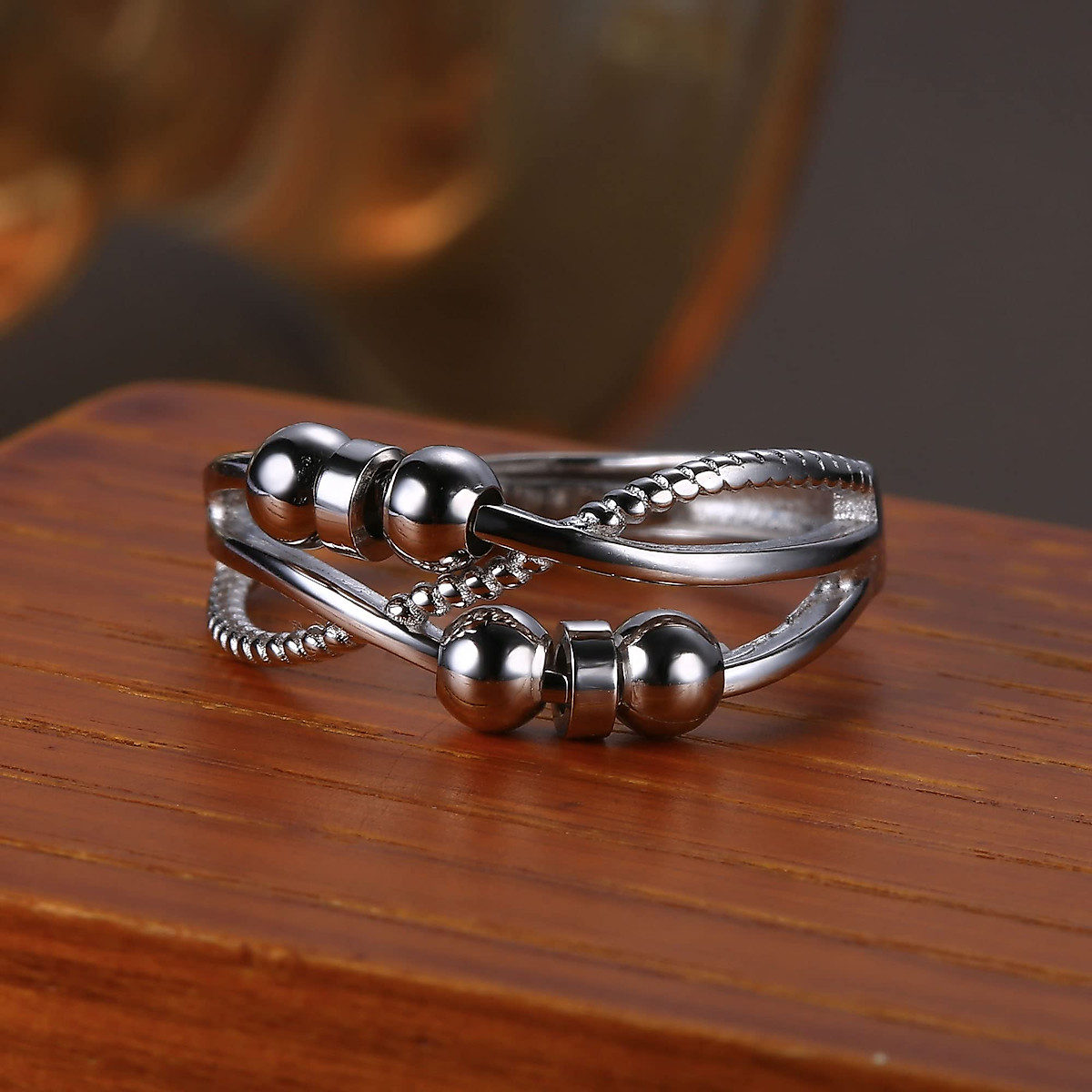 SAILIMUE 925 Sterling Silver Anxiety Ring For Women Men Fidget Rings For Anxiety Spinning Bead Adjustable Stacking Spinner Band Ring