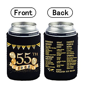 Yangmics 55th Birthday Can Cooler Sleeves Pack of 12-55th Anniversary Decorations- 1968 Sign - 55th Birthday Party Supplies - Black and Gold the fifty-fifth Birthday Cup Coolers