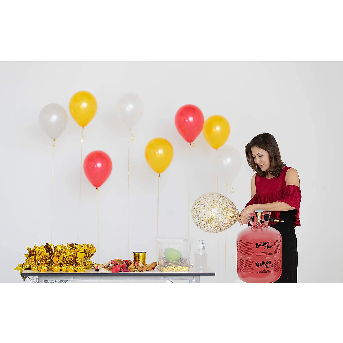 BLUE RIBBON, Helium Tank with 50 Balloons and White Ribbon + 12 Gold Balloon Weights + Plus Balloon Tying Tool
