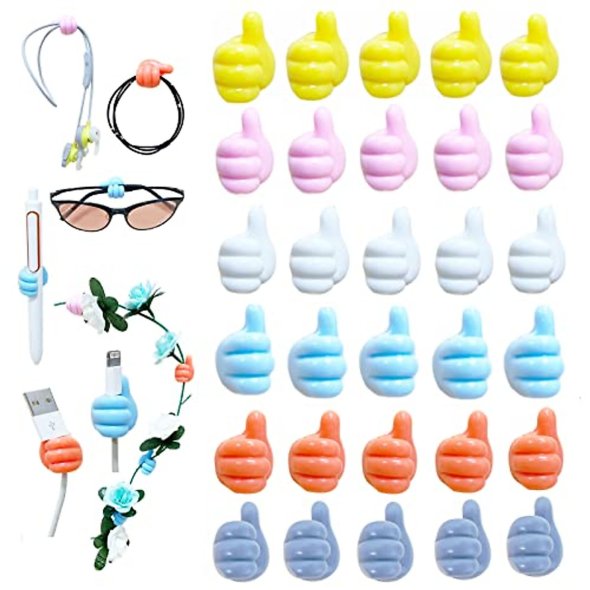 LBKKC Silicone Thumb Hooks, 30pcs Self Adhesive Wall Hooks, Multifunctional Cord Holder for Desk, Data Cable Clip Wire Desk Organizer
