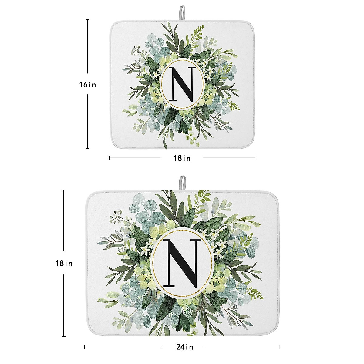 LIFEMUSION Eucalyptus Leaves Dish Drying Mat for Kitchen Counter, Monogram Letter N Baby Bottle Microfiber Drying Pad, Watercolor Teal Botanical Absorbent Coffee Cup Dishes Drainer Mats 16"x18"