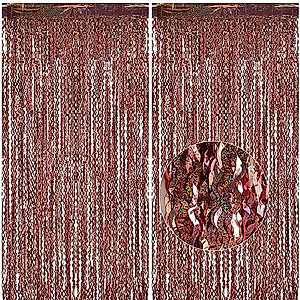 2 Pack 3.3 x 6.6 ft Wavy Tinsel Metallic Foil Fringe Curtain, Glittery Backdrop Streamer Tinsel Backdrop for Sea Ocean Theme Birthday Bachelorette Party Photo Prop Decorations (Rose Gold)