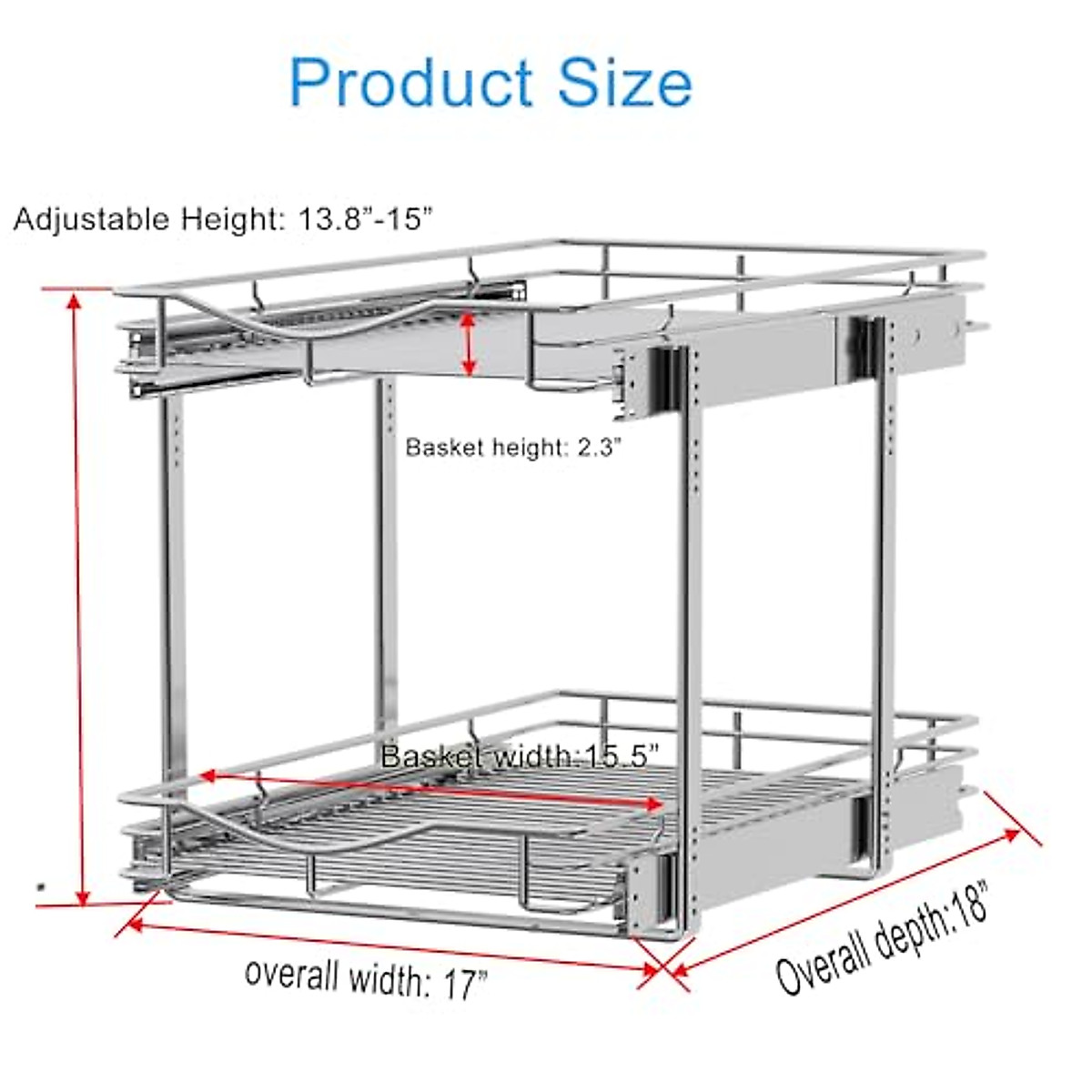 DINDON 2 Tier Pull Out Cabinet Organizer (17" W x 18" D) Heavy-Duty Metal Sliding Drawer Shelf, Two Tier Pull Out Shelves for Kitchen Cabinets, Pantry, Bathroom, Chrome Finish