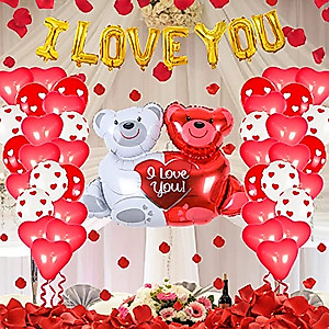 Valentine Day Decoration, I Love You Balloons Teddy Bear Red Heart Balloons Set with 1000 Pcs Silk Red Rose Petals for Anniversary Romantic Decorations, Valentine's day party Wedding Flower Decoration
