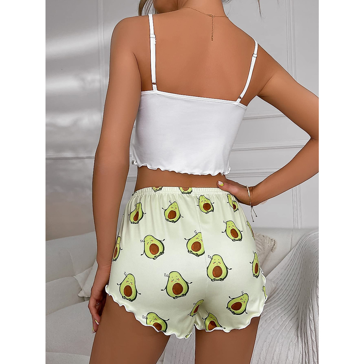 SHENHE Women's Cute Cartoon Print Crop Cami Top and Shorts 2 Piece Summer Pajama Set Avocado Green White S
