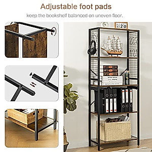 LAVIEVERT Industrial Bookshelf, 5-Tier Vintage Bookcase with Metal Grid and 12 S-Shaped Hooks, Multipurpose Storage Shelf Display Rack for Living Room, Bedroom, Kitchen & Office - Rustic Brown
