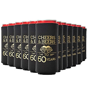 Cheers and Beers to 60 Years Can Coolers, 60th Birthday Party Coolies, Set of 12, Black and Gold Can Coolers, Perfect for Birthday Parties, Birthday Decorations